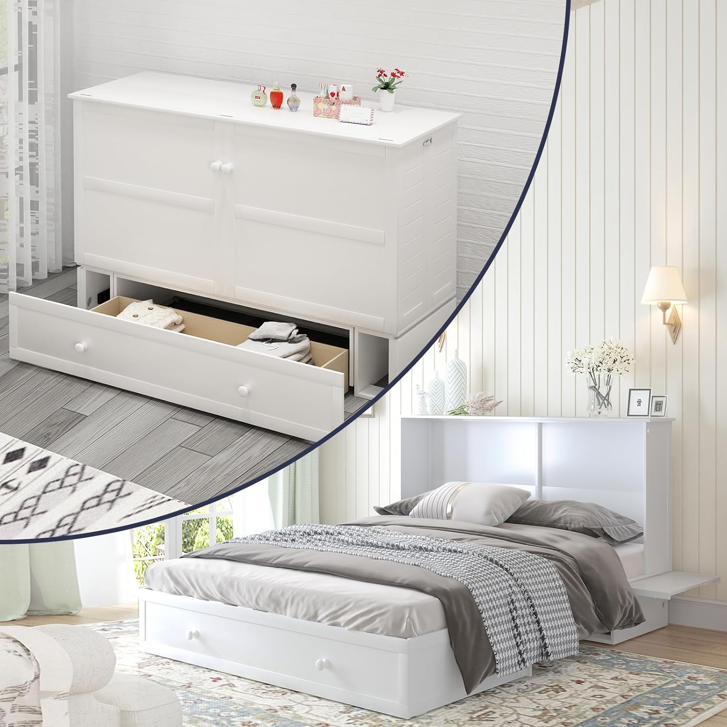 ijuicy Murphy Bed Queen, Cube Multifunctional Murphy Cabinet Bed with Charging Station & 3 Level Foldable Memory Foam Mattress & Large Drawer for Guests Room-Pure White