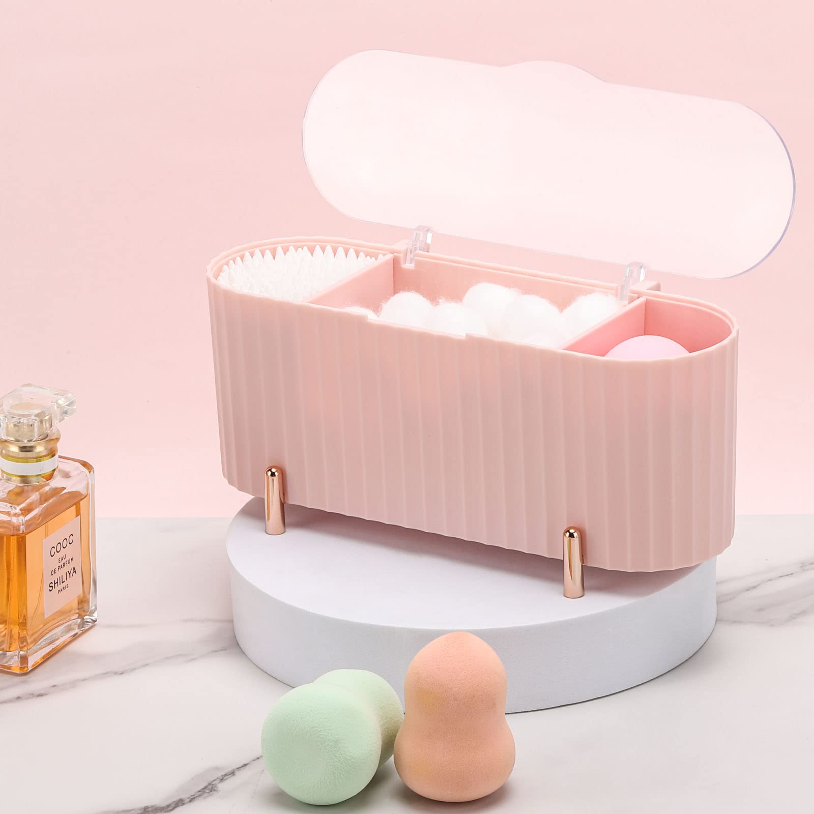 Tecbeauty Qtips Holder, 3 Grids Separate Cotton Swabs Dispenser, Cotton Ball Storage Box, Jar for Cotton Pads Bathroom Organizer Canisters - Pink