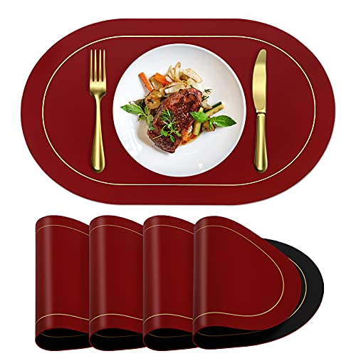 ANUNU Faux Leather Placemats Set of 4 - Double-Sided Color Oval Design Dining Table Mats Waterproof Washable Heat Resistant Indoor Outdoor Home Decor Kitchen Table Placemats Wine Red + Black