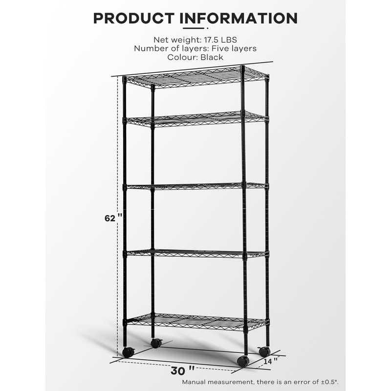 MGHH Garage Shelving, Metal Shelves 5 Tier Wire Shelving Unit Adjustable Heavy Duty Sturdy Steel Shelving Rolling Cart with Casters for Pantry Garage Kitchen, Black