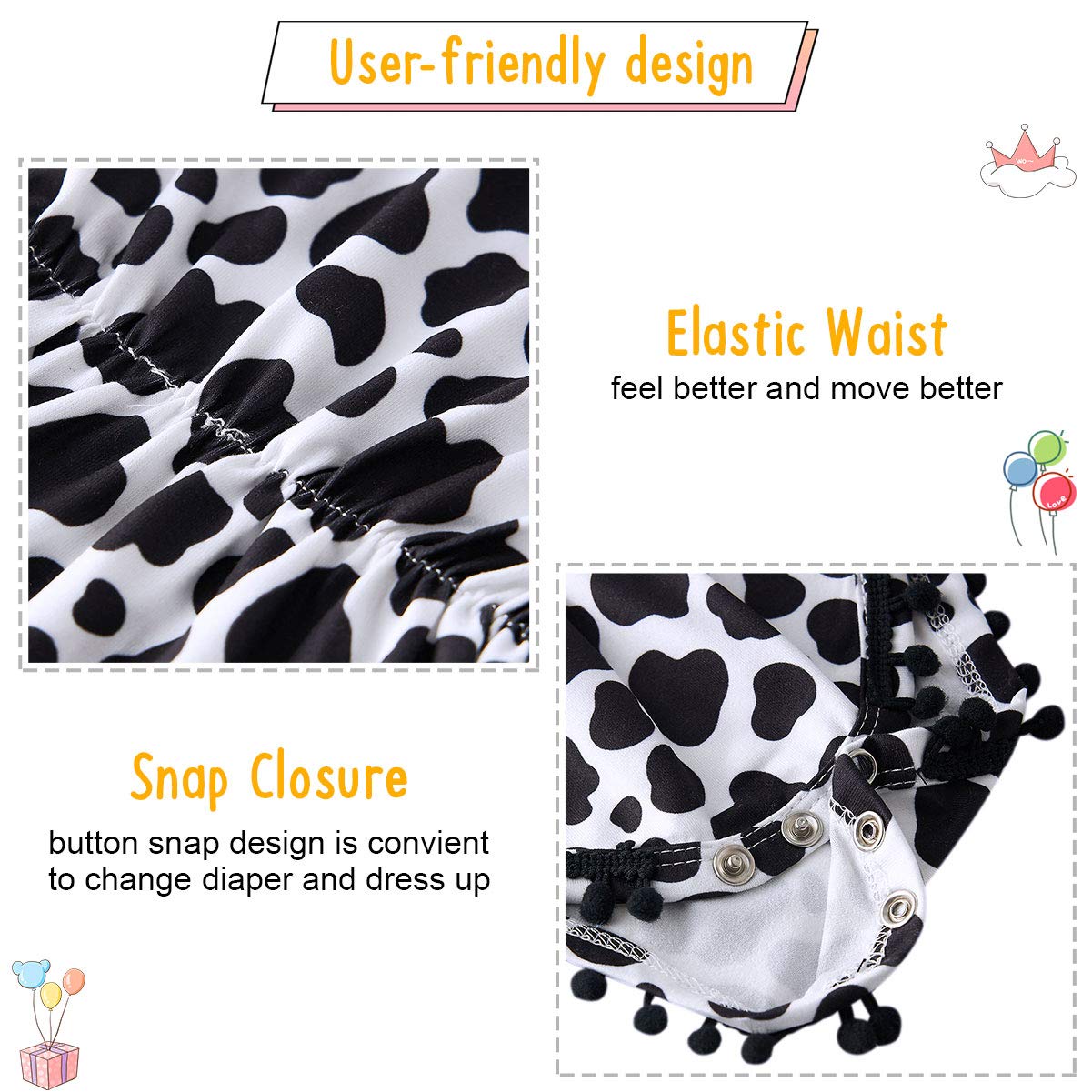 Leapparel Baby Girls Rompers Cute Cow Jumpsuits Infant Boys Outfit Clothes Black Pompom Bodysuits White Baby Playsuit with Bow-Knot Headband for 3-6 Months