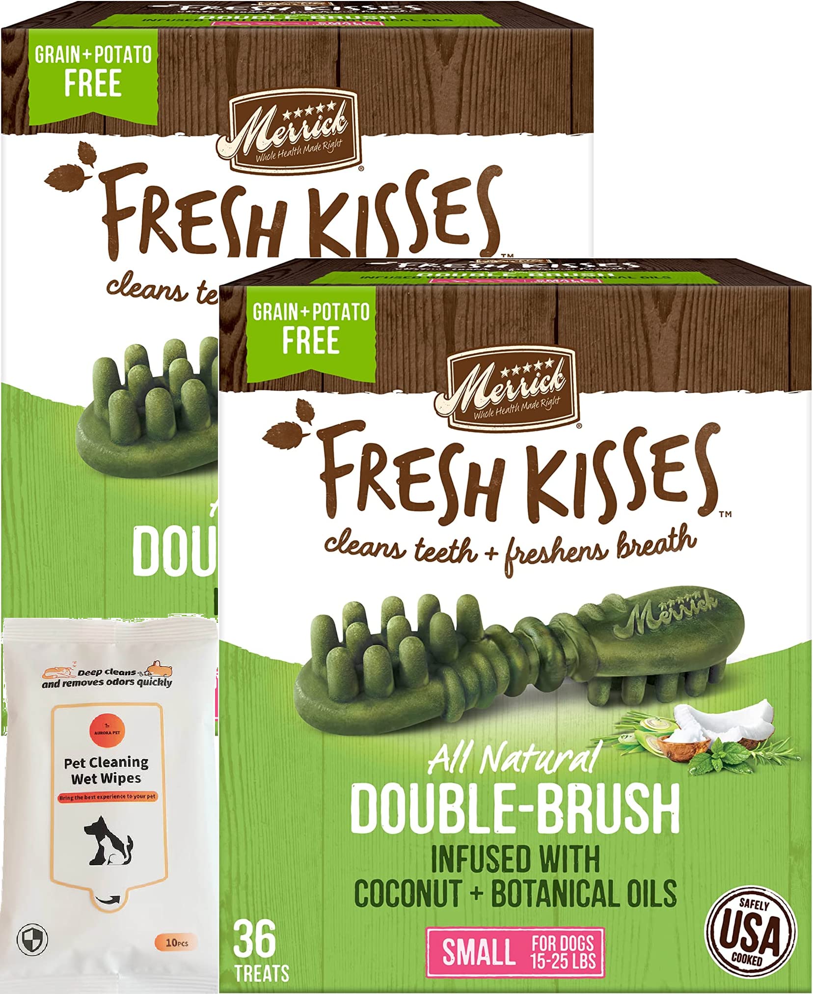 Aurora Pet Bundle Pack (2) Merrick Fresh Kisses Double-Brush Coconut + Botanical Oils Infused Small Dental Dog Treats with AuroraPet Wipes
