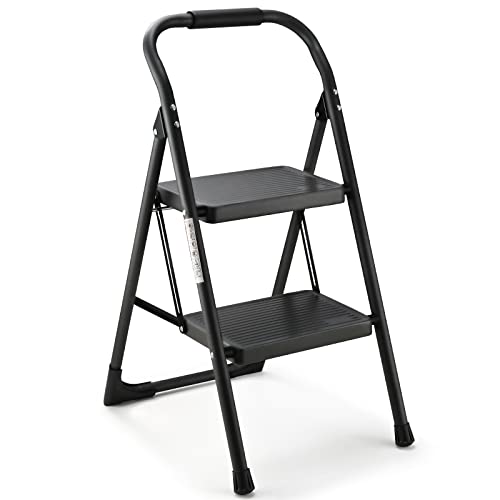 ASPERLAD Step Ladder Folding 2 Step Stool Adult with Wide & Anti-Slip Pedals Ergonomic Portable Steel Ladders for Household, Kitchen, Office 330LB