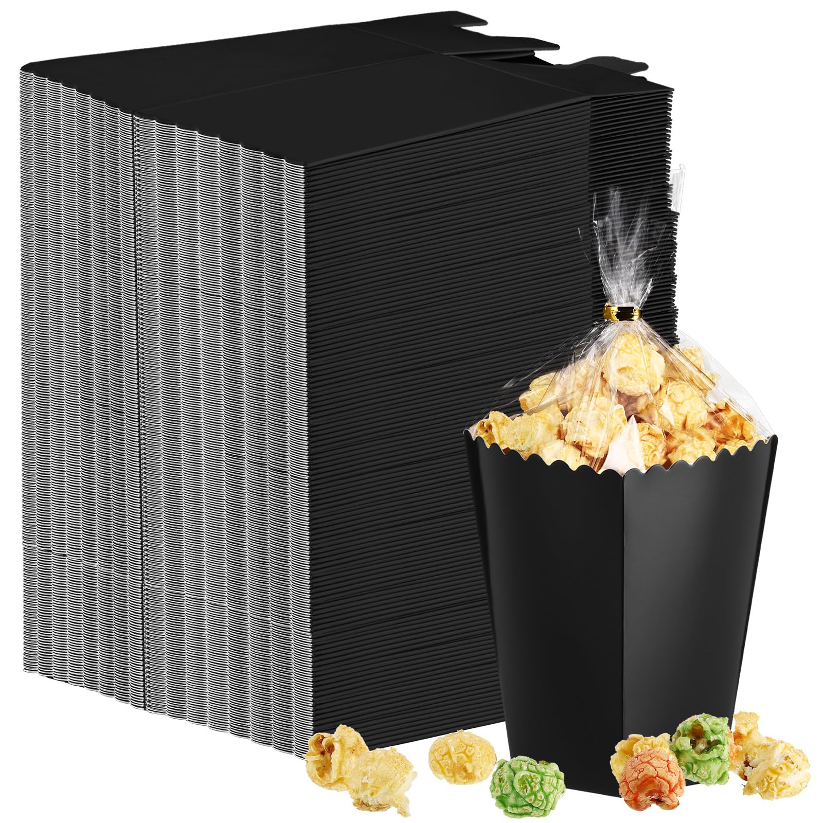 Zopeal Mini Popcorn Boxes and Clear Treat Bag Set, Bulk Popcorn Bags Open Top Paper Popcorn Containers with Treat Bags Popcorn Candy Boxes for Movie, Party, 3 x 4 Inch(Black, 200 Pcs)