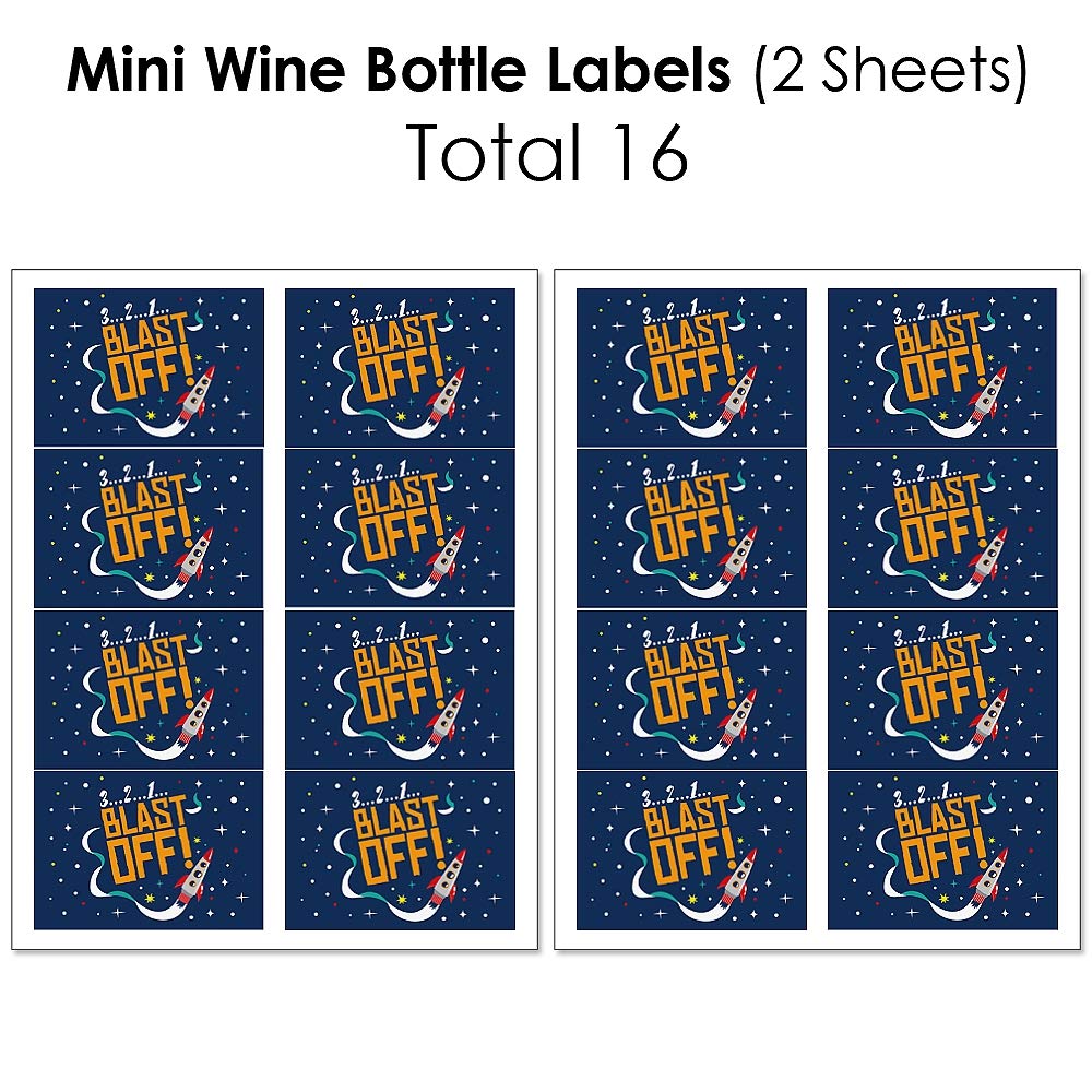 Big Dot of Happiness Blast Off to Outer Space - Mini Wine Bottle Labels, Wine Bottle Labels and Water Bottle Labels - Rocket Ship Baby Shower or Birthday Party Decor - Beverage Bar Kit - 34 Pieces
