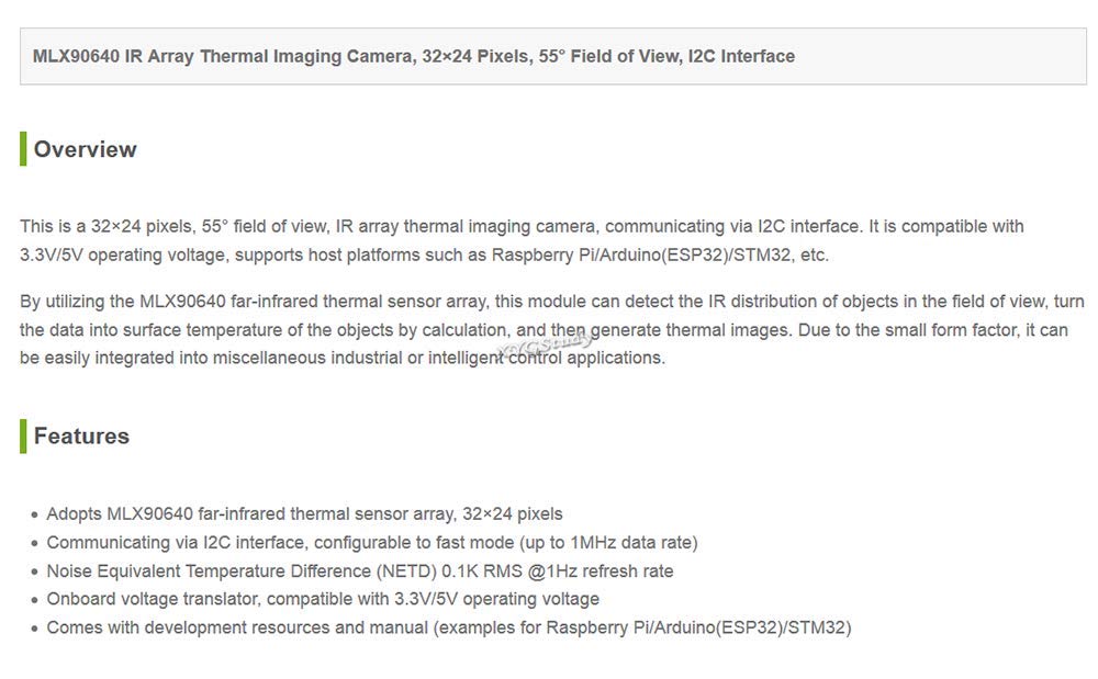 MLX90640 IR Array Thermal Imaging Camera 32×24 Pixels 55° Field of View I2C Interface 3.3V/5V Compatible with Raspberry Pi (ESP32) STM32 @XYGStudy (MLX90640-D55 Thermal Camera)