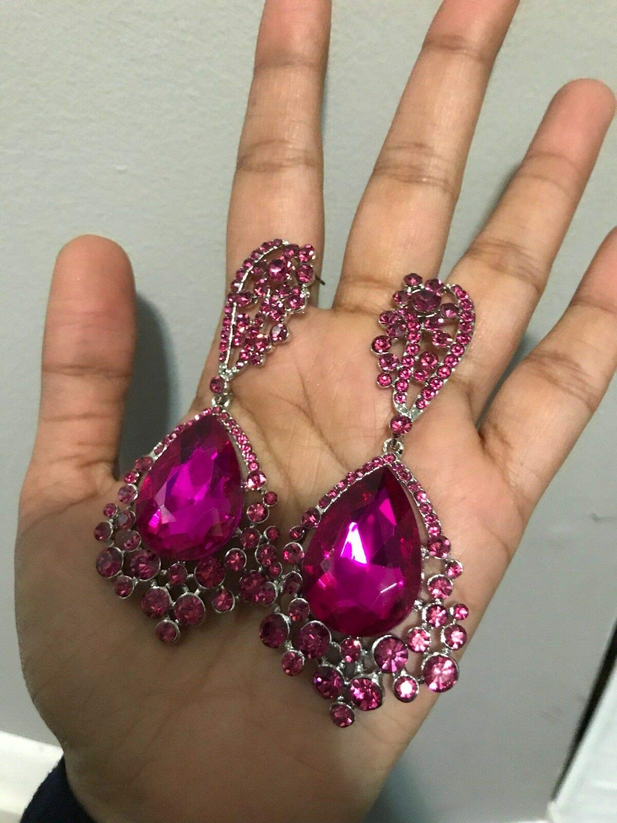3.25" Long Hot Pink Fuchsia Dangle Pageant Rhinestone Crystal Silver Earrings