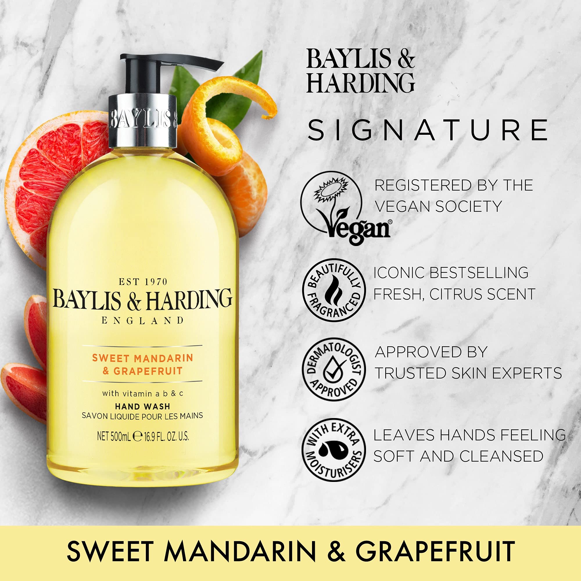 Baylis & Harding Liquid Hand Soap Wash with Dispenser, Sweet Mandarin & Grapefruit, 16.9oz/500ml (3-Pack)