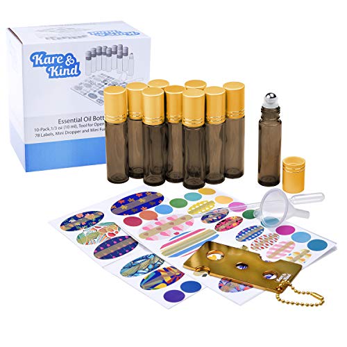 Essential Oil Bottle Kit - Includes: 10x Amber Brown Essential Oil Bottle (1/3 oz - 10 ml), 1x Tool for Opening/Sealing Bottles, 78x Label (4 Sizes), 1x Mini Dropper + 1x Mini Funnel for Easy Filling