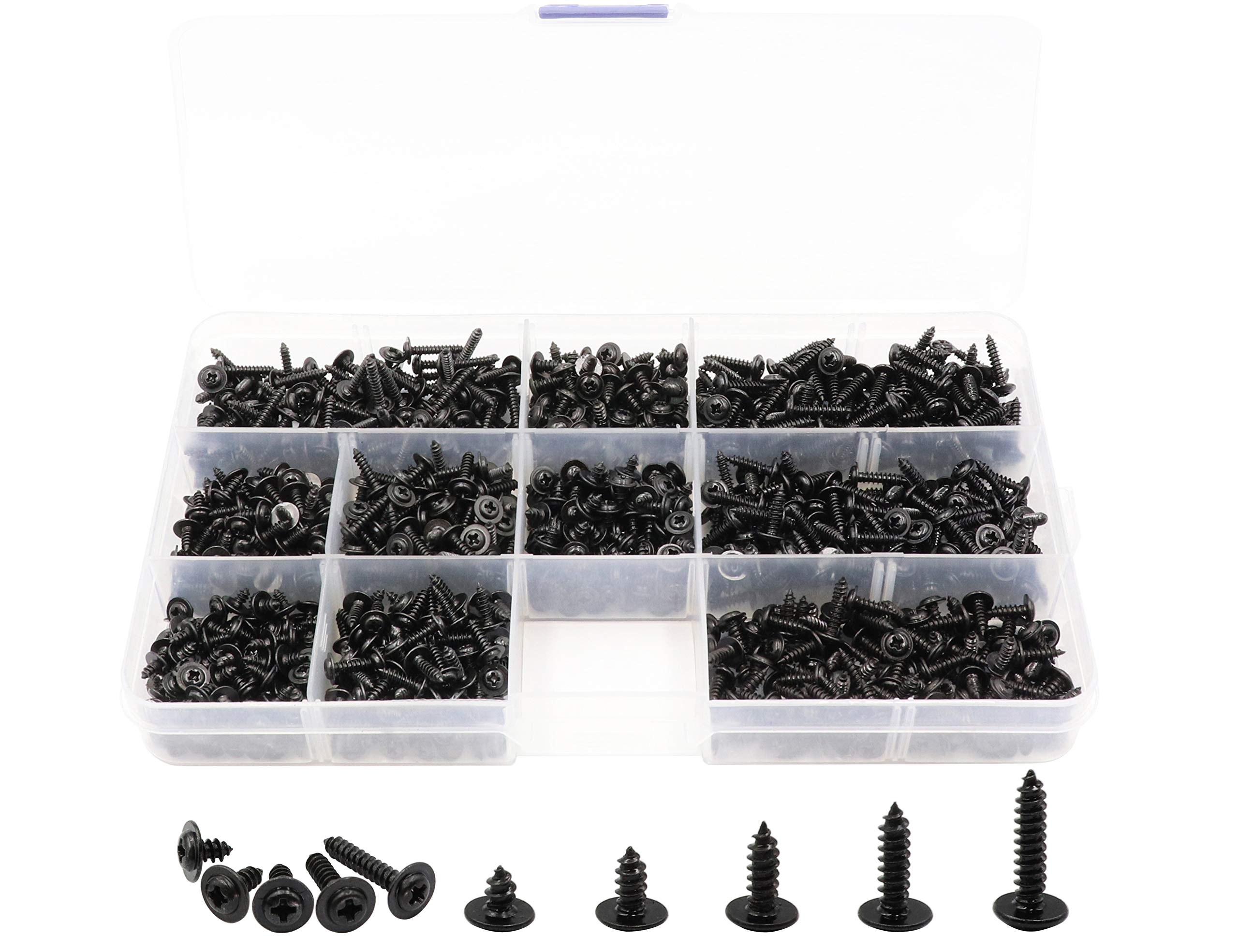LBY 1000pcs M2.3 M2.6 Truss Head Self Tapping Screws, Wafer Head Screws, Pan Head with Washer Screw 10 Sizes Self Tapping Screws Assortment Kit, Carbon Steel (Blacking)
