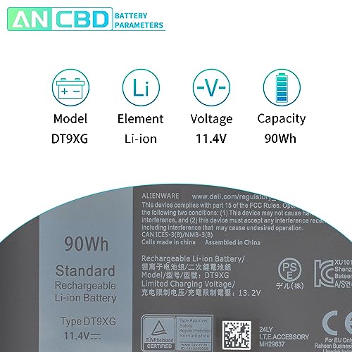 ANCBD DT9XG Laptop Battery for Dell Alienware Area-51m R1 R2 D1968W D1968B D1969PW D1733B D1746W D1735DB D1733PB D1766W D1748DW D1746B D1766B D1741DB Series 07PWKV 0KJYFY (11.4V 90Wh)