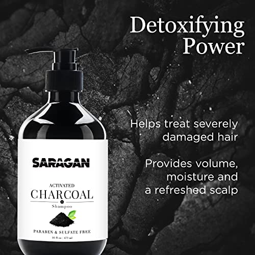 Saragan Activated Charcoal Shampoo - Natural Clarifying Shampoo w/Keratin, Argan & Jojoba Oils - Sulfate & Paraben Free Shampoo for Women and Men - Charcoal Detox Shampoo (16 oz) All hair types