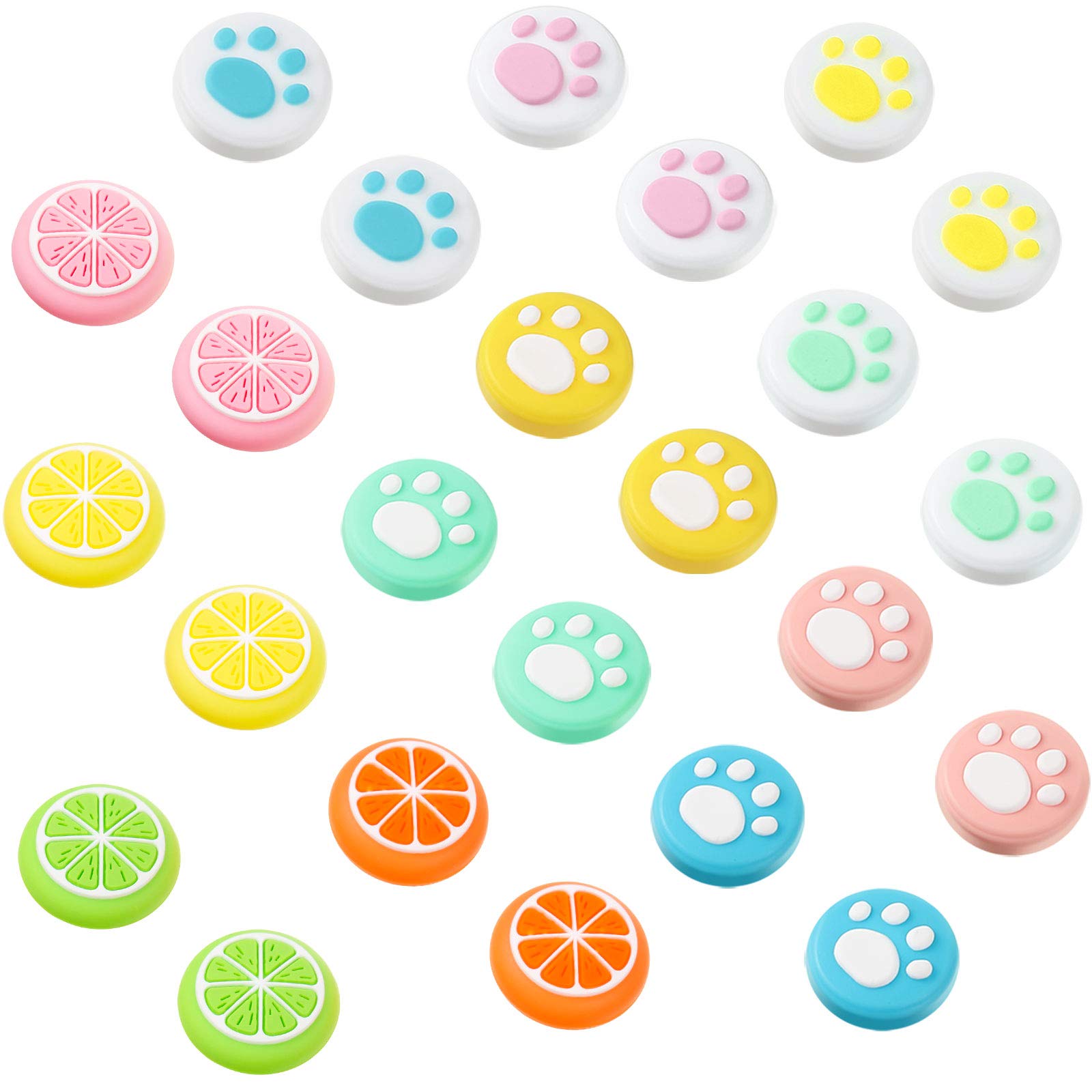 24 Pieces Replacement Cute Cat Paw and Fruit Lemon Design Thumb Grip Caps Thumb Grip Analog Stick Cover Joystick Cap Soft Silicone Cover Compatible with Nintendo Switch, Switch Lite Joy-Con Controller