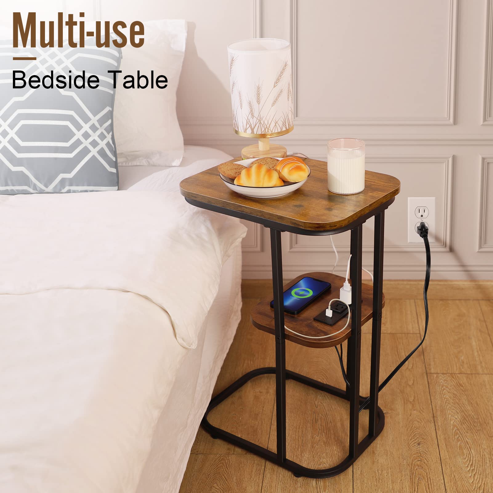 Allinside C Shaped End Table with Charging Station, 2-Tier Side Table with Storage Shelf Large Laptop TV Snack Tray Ideal for Couch, Sofa Slide Under, Bedside, Small Spaces (2 USB Ports & 2 Outlets)