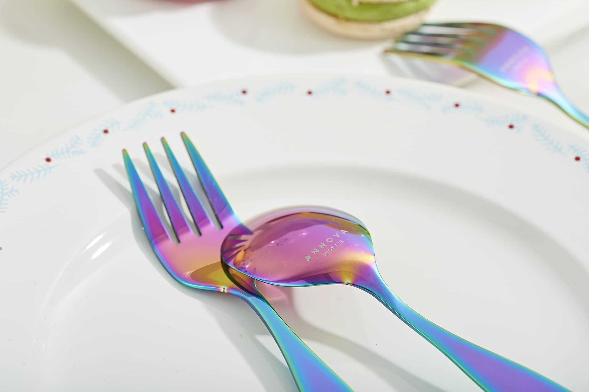 ANNOVA Kids Silverware Children's Safe Flatware Set Stainless Steel - Forks, Dinner Spoons, Toddler Utensils (Engraved Dog Bunny) (UV Rainbow,12 Pieces)