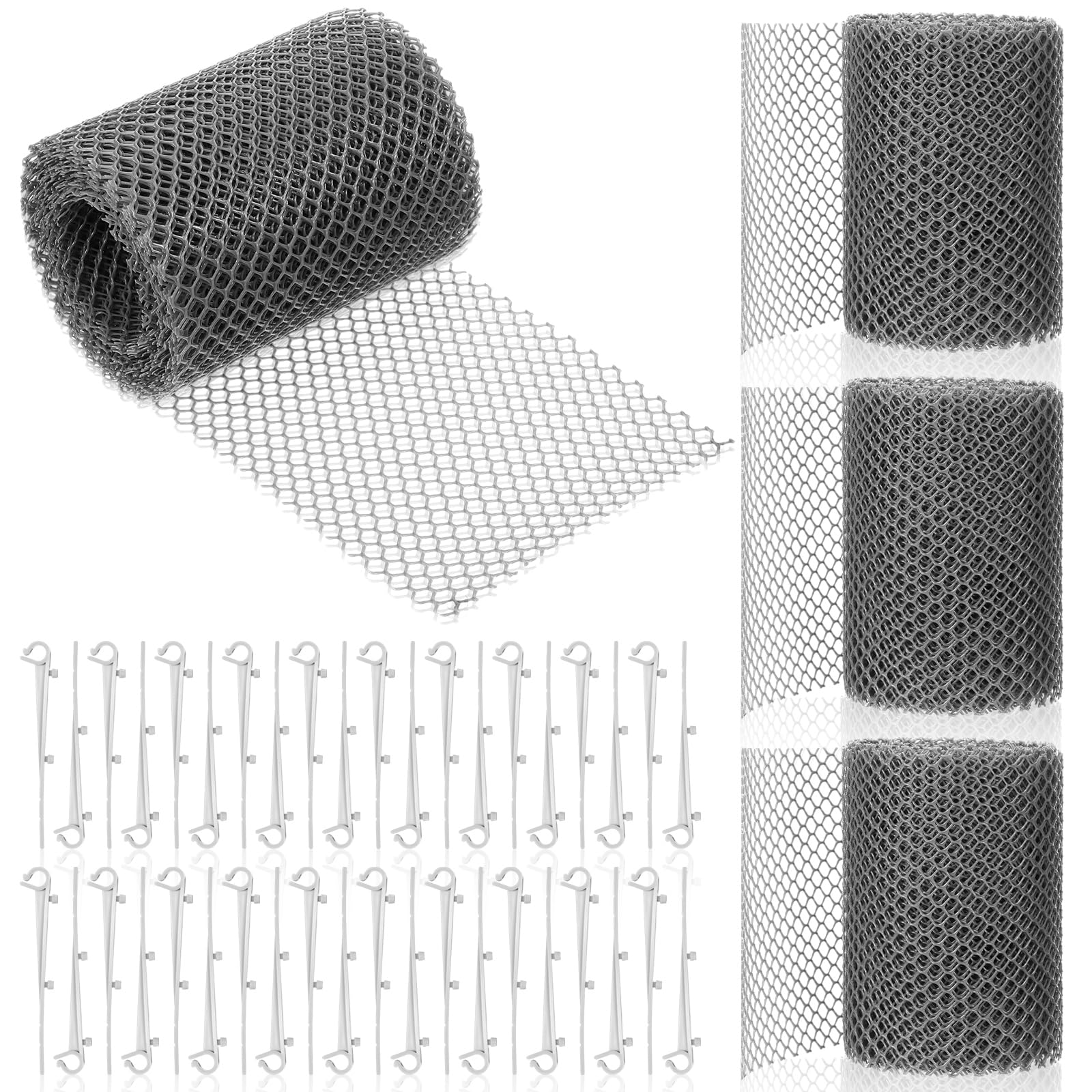 4 Rolls Gutter Guards Plastic Guards Mesh Rolls Downspout Pipe Gutter Covers DIY Filter Gutter Protection Netting with 40 Clip Fixed Hooks Preventing from Twigs Debris Clogged Leaves (Black)