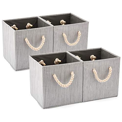 EZOWare Set of 8 Bamboo Fabric Storage Bins with Cotton Rope Handle for Nursery Toys, Gray + Beige