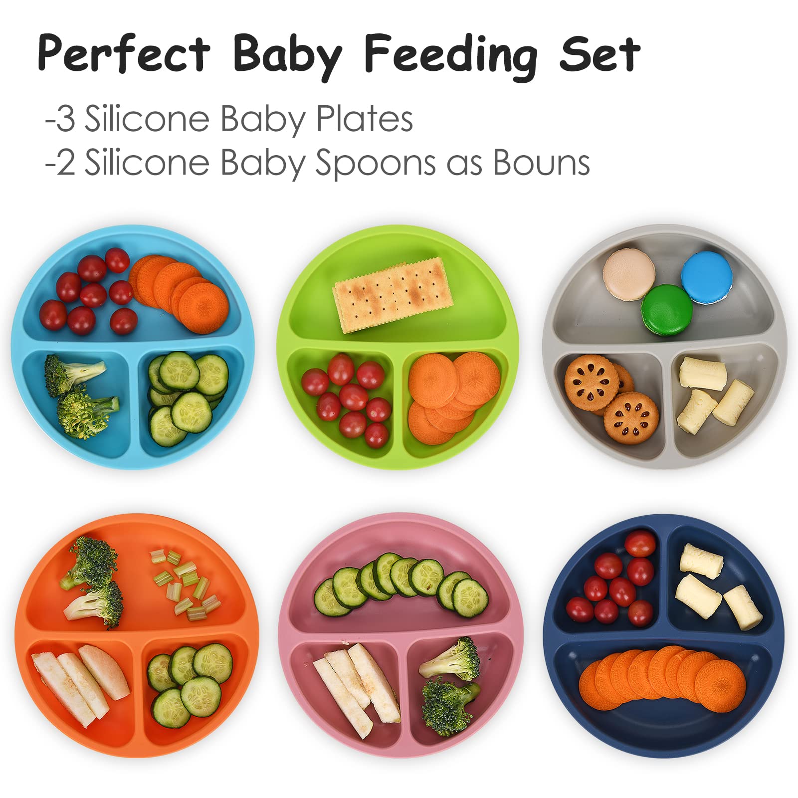 KingKam Kids Divided Plates -100% Safe BPA Free Soft Silicone Baby Toddler Plate, Dishwasher-Microwave Safe & Unbreakable Feeding set
