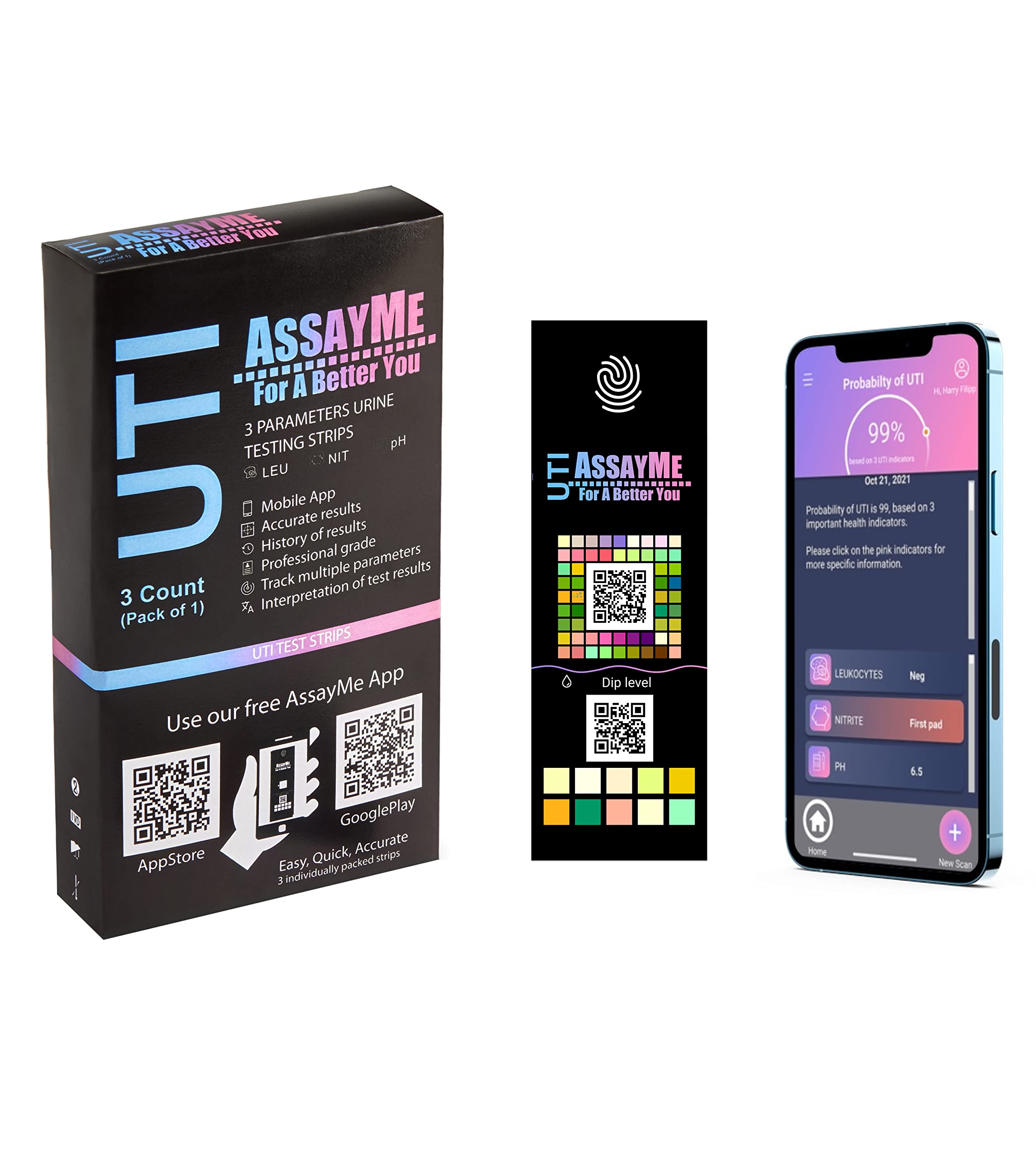 AssayMe UTI Test Strips | Accurate Urinalysis for UTI | Monitor Urinary Tract Infection | Home Test Kit for Men & Women | 3 Strips (LEU, NIT, pH) | Detect UTI