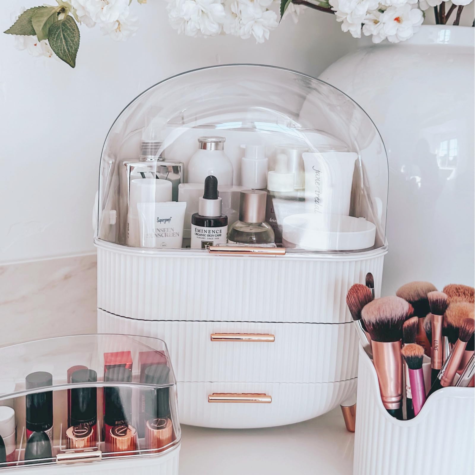 ZOOFOX 3 Pack Makeup Organizer, Cosmetics Storage Display Case with Lipstick and Makeup Brush Organizer, Portable Handle Skincare Holder for Bathroom Countertop, Dresser