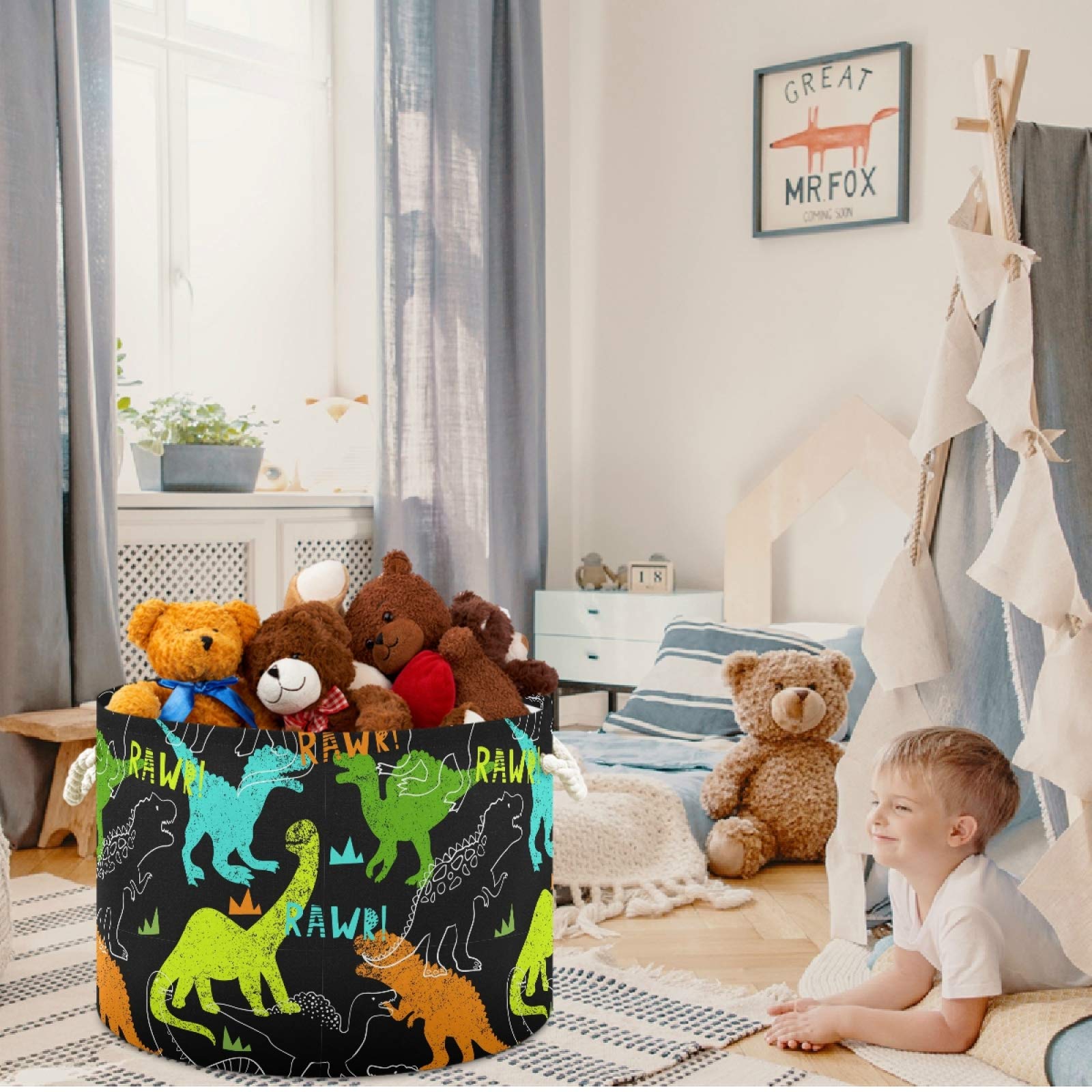 visesunny Collapsible Large Capacity Basket Dino Rawr Clothes Toy Storage Hamper with Durable Cotton Handles Home Organizer Solution for Bathroom, Bedroom, Nursery, Laundry,Closet