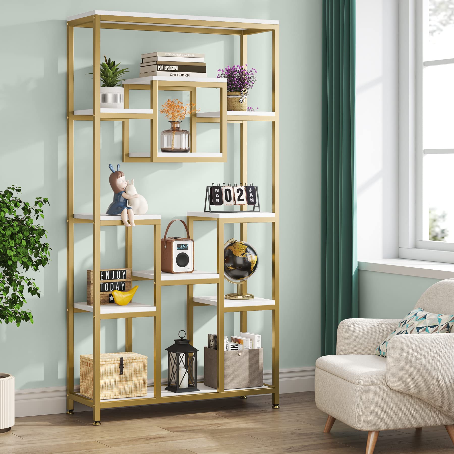 Tribesigns Bookcases and Bookshelves, 71โ Tall Bookshelf with Metal Frame, Freestanding Geometric Bookcase with Open Display Shelf for Living Room, Bedroom, Home Office, White and Gold