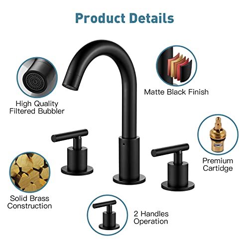 AIMOYO 2-Handle 8 inch Widespread Bathroom Sink Faucet, 3 Hole Matte Black Bathroom Faucet with 360°Swivel Spout, Pop Up Drain and High Arc, Modern Basin Faucet Mixer Taps, Deck Mount