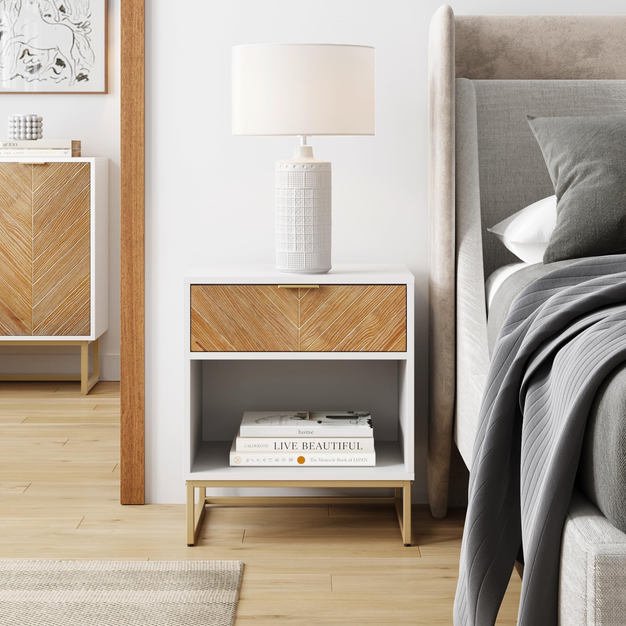 Nathan James Kensi Nightstand Side Accent or End Table with Storage, White/Gold