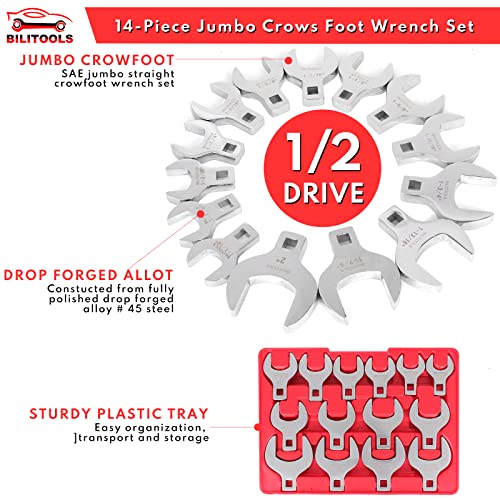 BILITOOLS 14-Piece Jumbo Crows Foot Wrench Set, 1/2" Drive Big Crowfoot Wrench, SAE, 1-1/16" - 2" mm, CR-V Steel