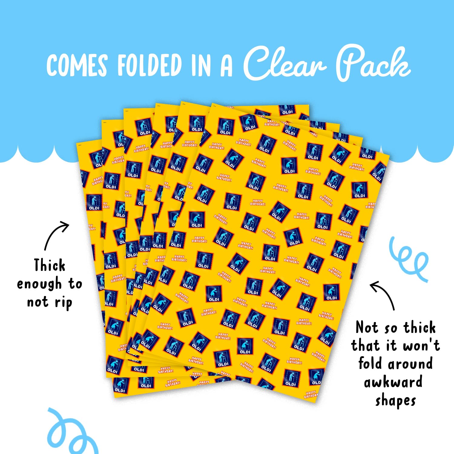 CENTRAL 23 - Funny Wrapping Paper - 6 Sheets of Gift Wrap - 'Happy Birthday Oldi' - Blue Yellow - For Husband Wife - Mom Dad - Recyclable