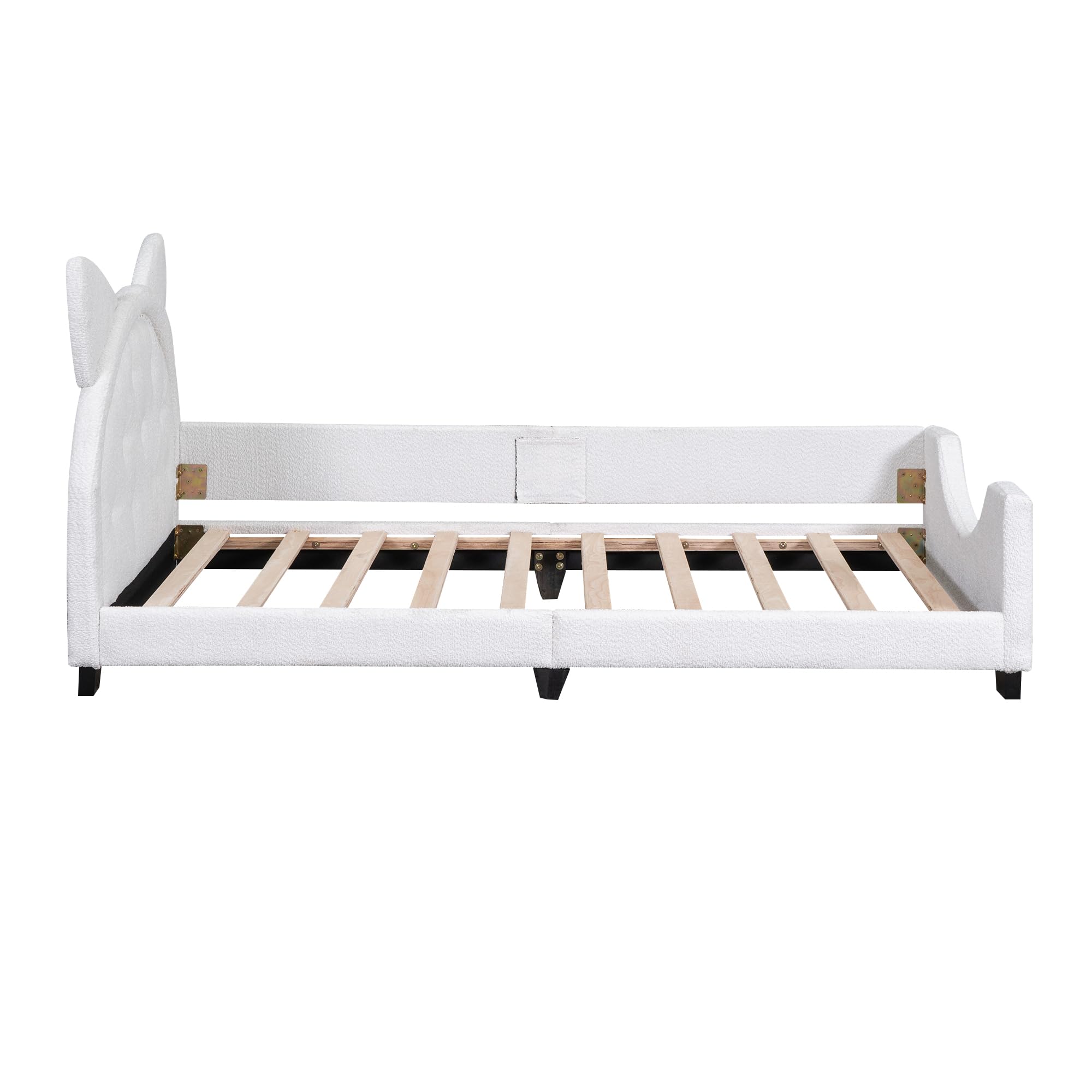 Acosure Teddy Fleece Twin Size Upholstered Daybed with Carton Ears Shaped Headboard for Kids Bedroom,Wood Low Floor Platform Bed,Super Save Space/Easy Assembly/No Box Spring Needed,White