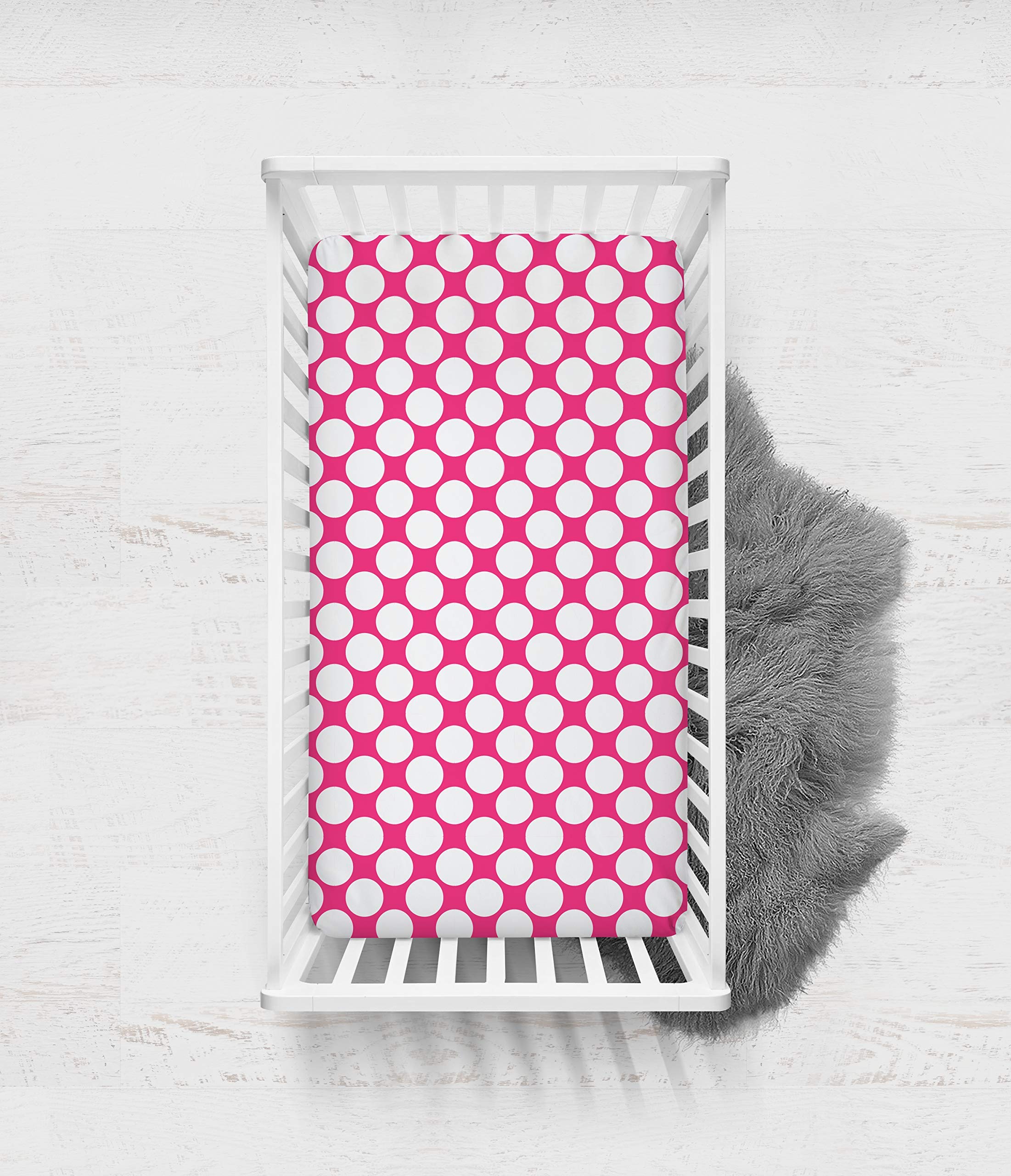 Bacati - ONE Large DOTS Soft Breathable 100% Cotton Percale Baby Crib Fitted Sheet - Fits Standard 28 x 52 x 5 Crib & Toddler Mattresses (Pink/Fuchsia)