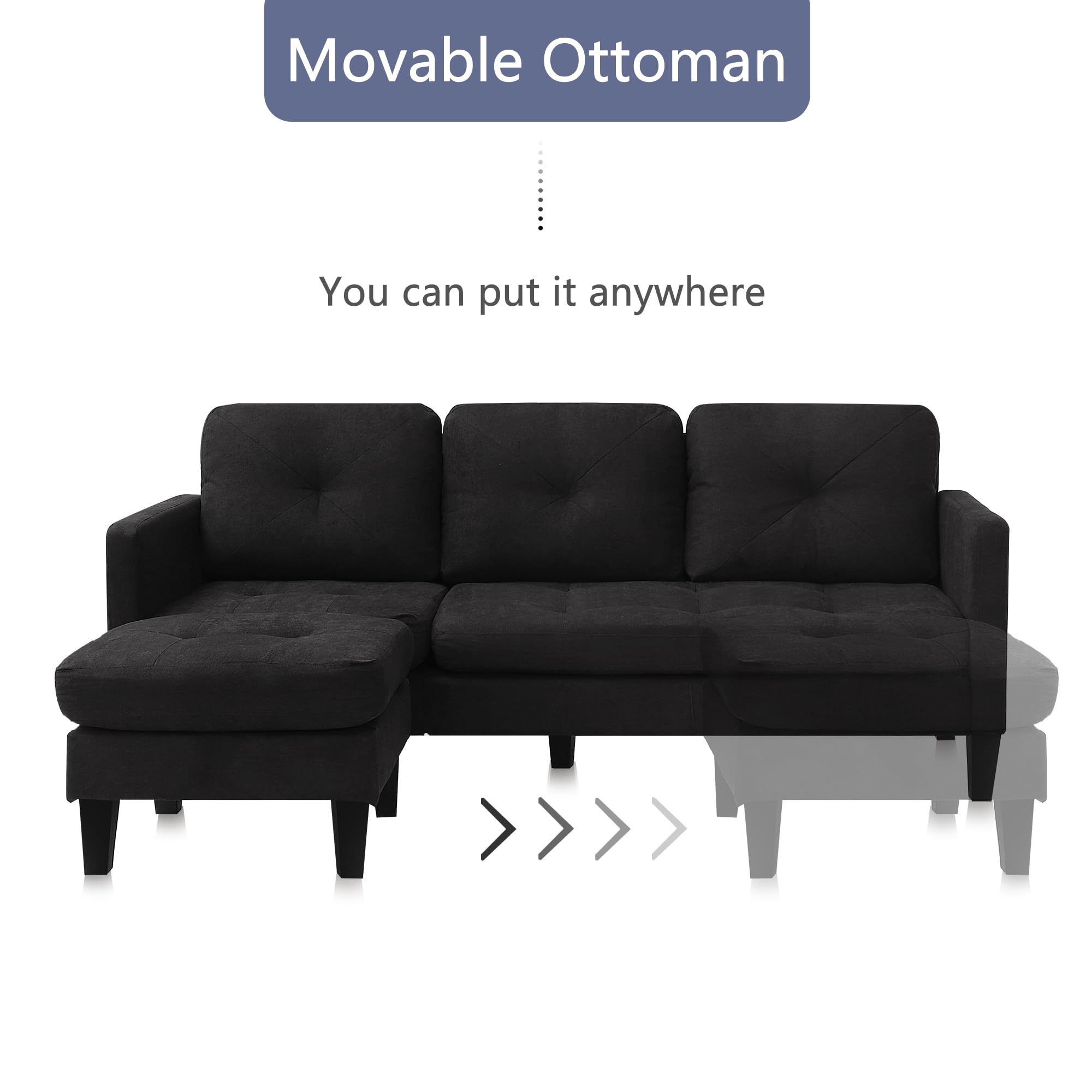 LETATA Convertible Sectional Sofa Couch with Chaise, Black L Shaped Couch Sofa Set with Reversible Ottoman for Living Room,Apartment,Small Spaces (Black)