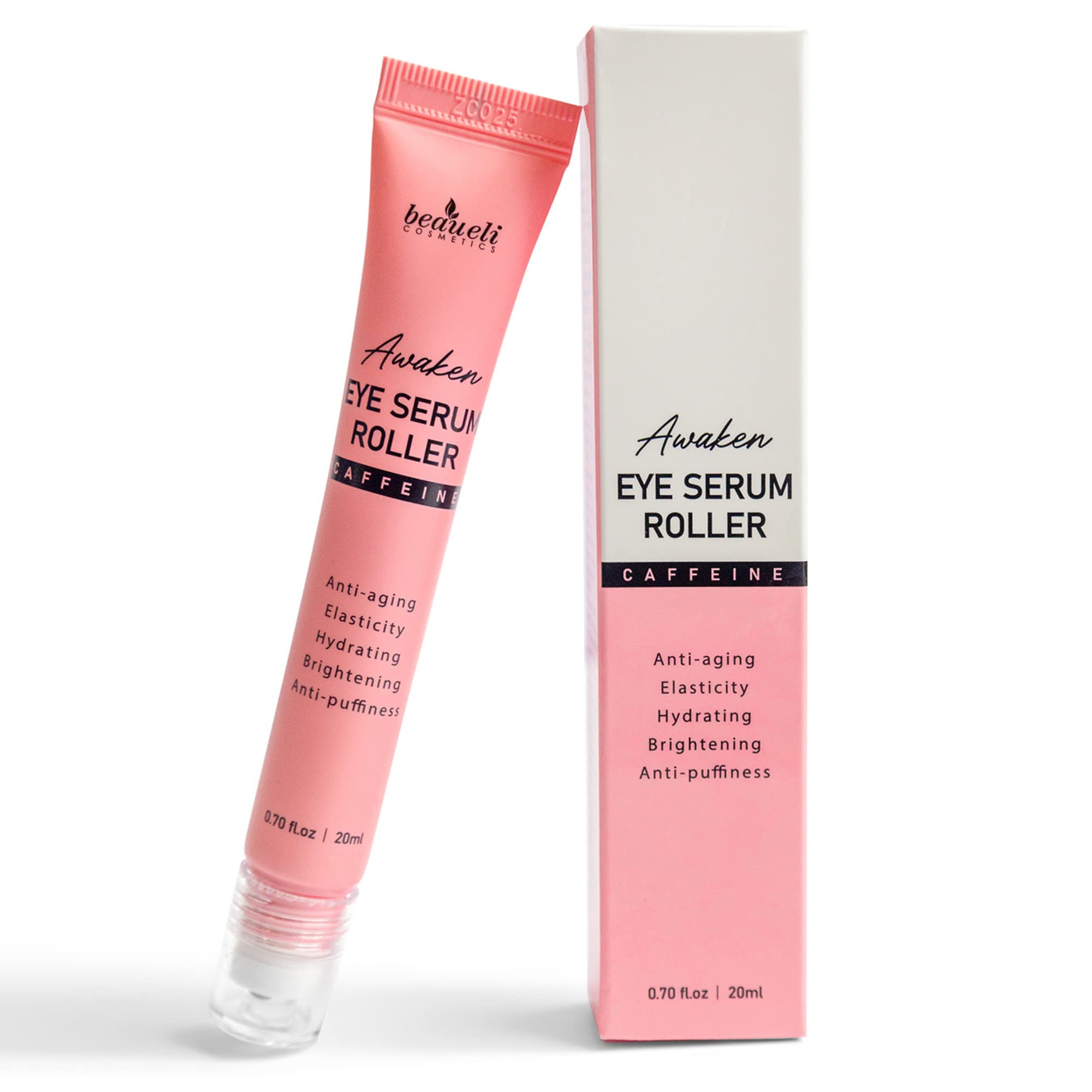 Beaueli Eye Roller and Caffeine Eye Serum - Anti Aging Skin Care with Hyaluronic Acid Niacinamide Peptide - Dark Circles Puffiness - Under Eye Bags - Wrinkles Eye Cream Massager (0.7 fl oz)