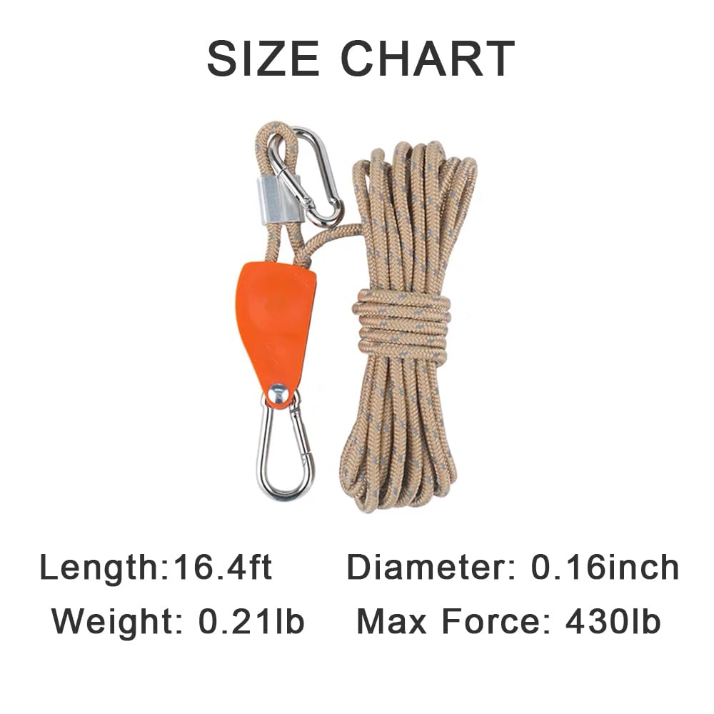 Adjustable Rope Hanger 1/8" Ratchet Hanger Rope 16.4ft Length Clip Heavy Duty Strap for Clothes Hanging and Camping Wind Rope