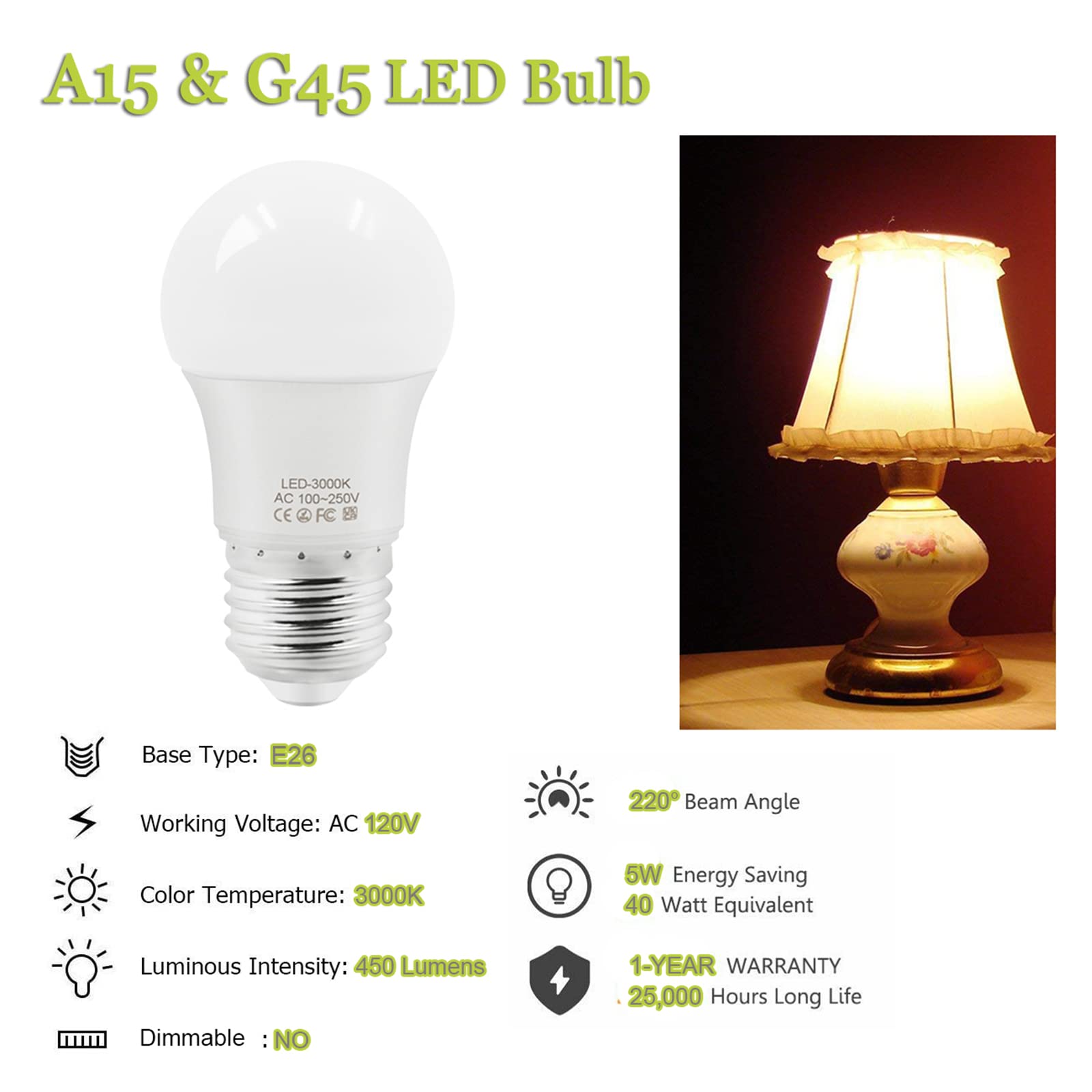 40W Refrigerator Light Bulb Small A15 & G45 LED Bulb Non-Dimmable,5W(40 Watt Equivalent),E26 Base,Soft White 3000K,450 Lumen,120V LED Appliance Bulb for Kitchen,Freezer,Ceiling Fan,Floor Lamp(12 Pack)