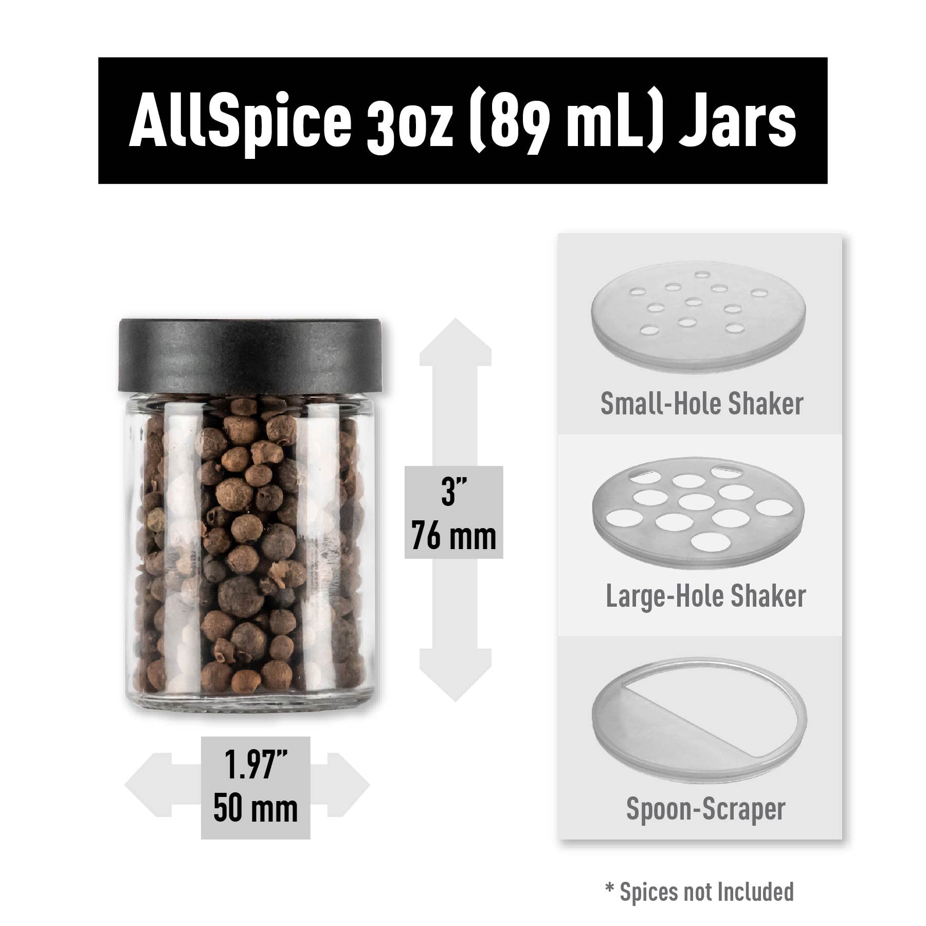 AllSpice 3” Glass Spice Jars 3 fluid ounces- 6 Pack