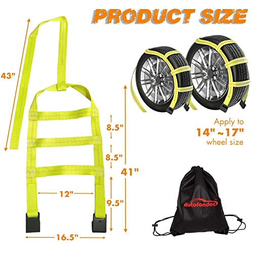 Autofonder 2Pc Tow Dolly Basket Straps with Flat Hook for 14"-17" Tires -10,000 lbs Breaking Strength Tire Bonnet&Tire Net -2β Over Wheel Car Basket Tie Down Straps with Axle Straps,Carrying Bag