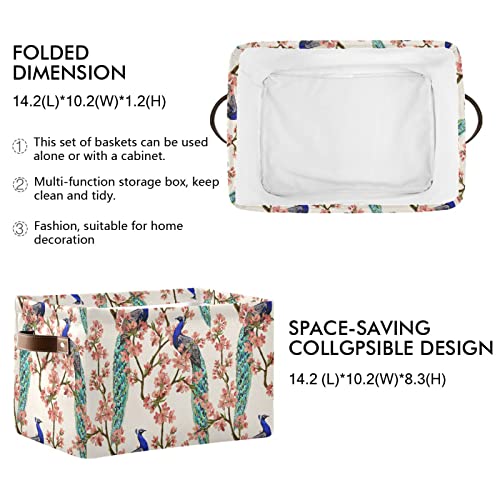 ALAZA Peacock Tropical Cherry Blossom Flower Large Storage Basket with Handles Foldable Decorative 1 Pack Storage Bin Box for Organizing Living Room Shelves Office Closet Clothes