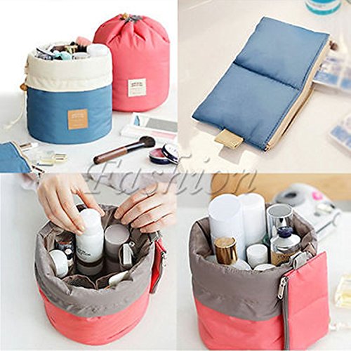 EUOW Travel Cosmetic Bags Barrel Makeup Bag,Women Portable Foldable Cases, Multifunctional Toiletry Bucket Bags Round Organizer Storage Pocket Soft Collapsible(Deepblue)
