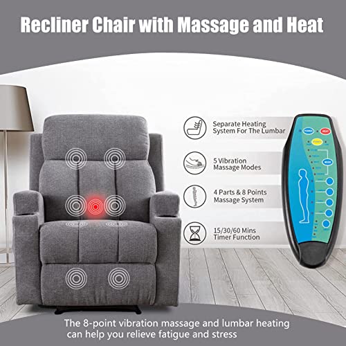 ANJ HOME Manual Massage Recliner Chairs with Heat for Living Room, Overstuffed Breathable Fabric Reclining Chair with Side Pockets and Cup Holders, Single Sofa Home Theater Seating, Grey