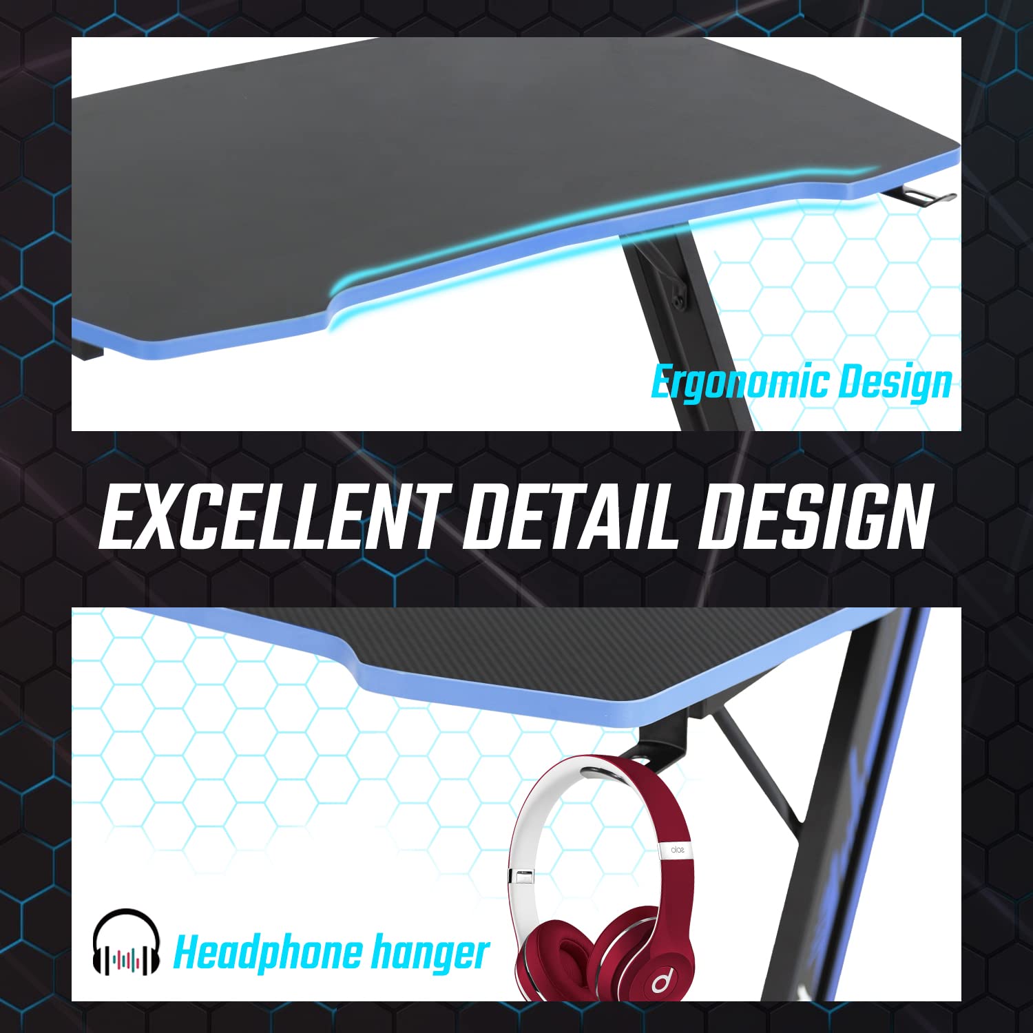 BestOffice Gmaing Desk Z Shaped 47 inch Gaming Workstation Ergonomic Gaming Table PC Computer Desk with Headphone Hook for Game Players, Blue