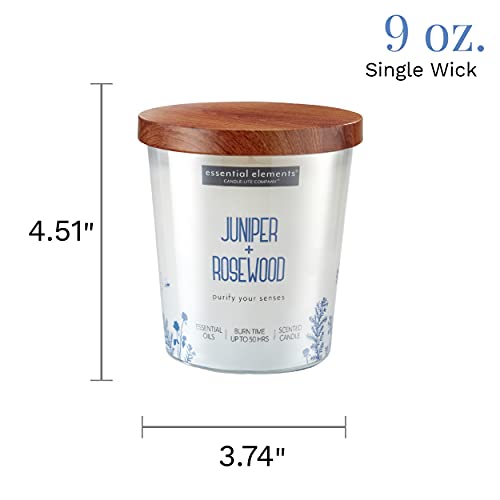 Essential Elements by Candle-lite Scented Candles Juniper & Rosewood Fragrance, One 9 oz. Single-Wick Aromatherapy Candle with 50 Hours of Burn Time, Off-White Color