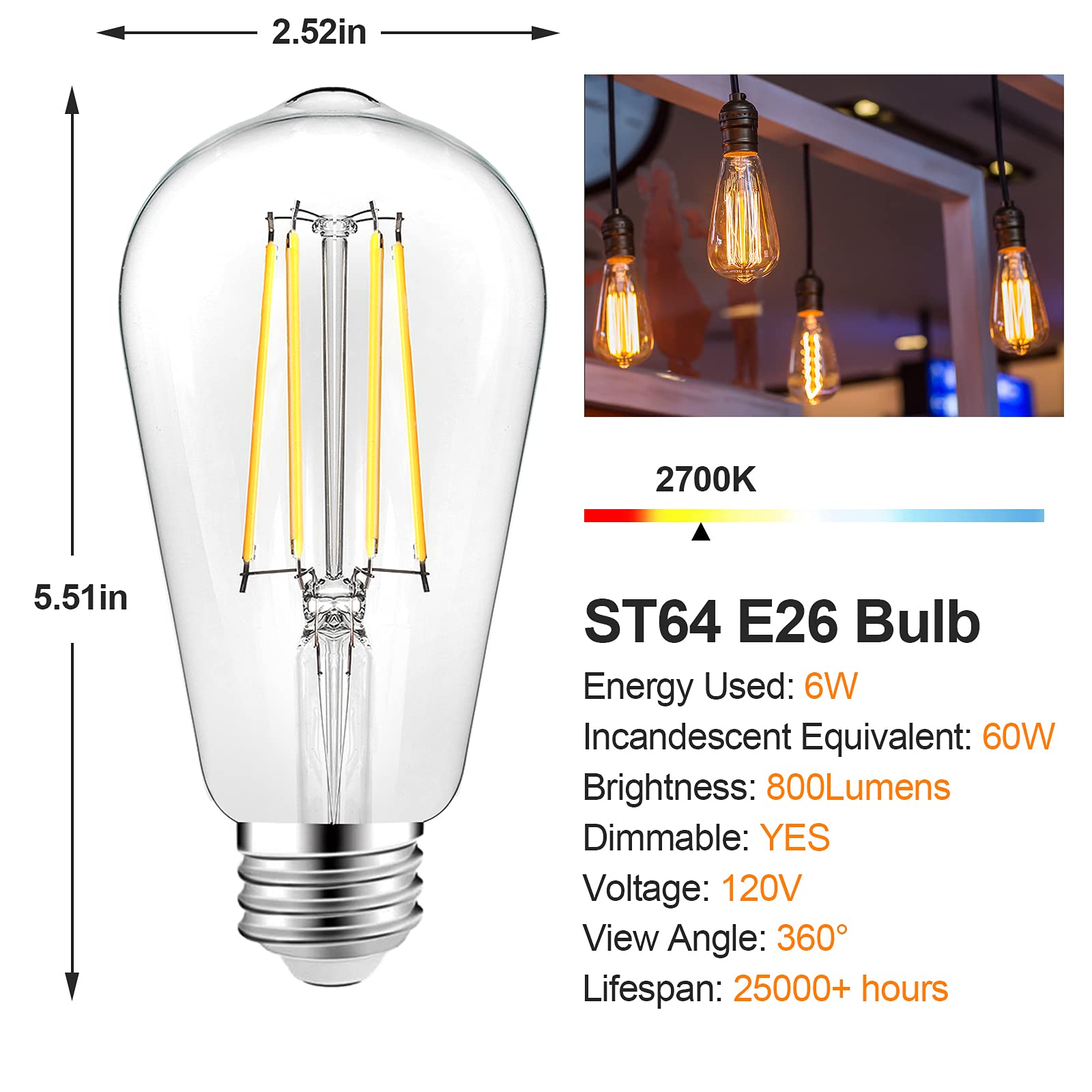 3-Pack Vintage 6W LED Edison Bulbs, ST64 Dimmable LED Light Bulbs, Equivalent 60W Energy Saving Night Light Bulb, E26 Base 2700K 800 Lumen Warm Light, CRI85+, Antique LED Filament Bulbs Clear Glass