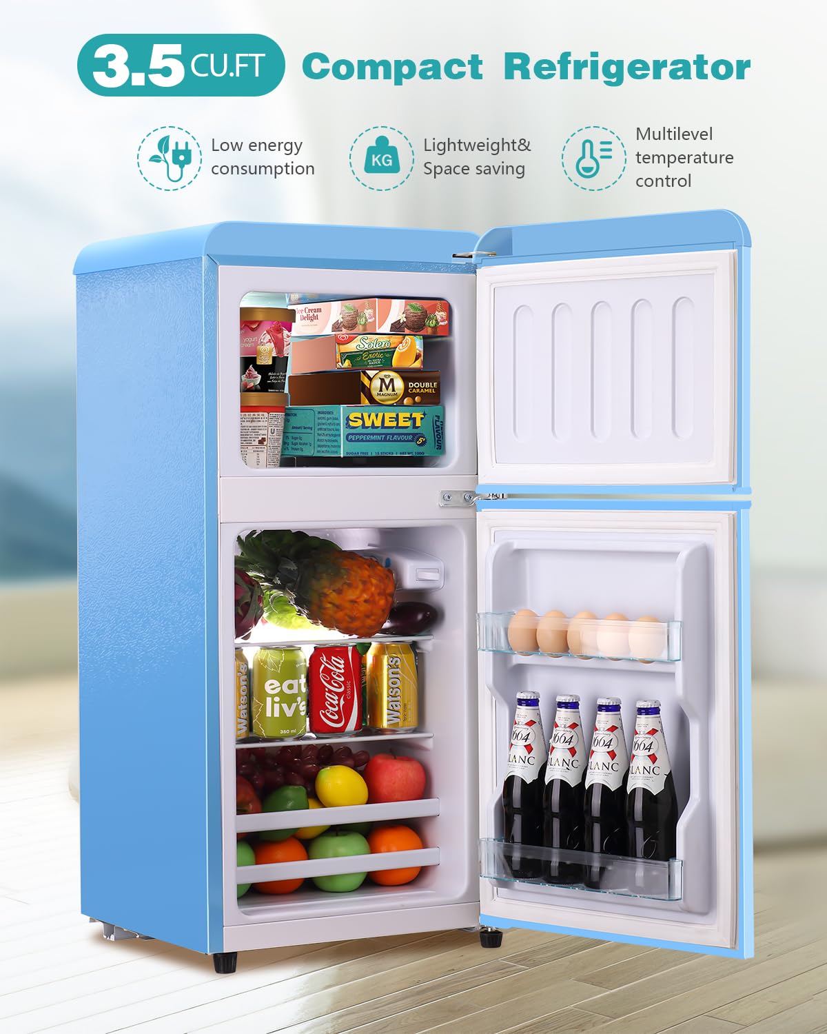 EUASOO FLS-80-Blue 3.5Cu.Ft Compact Refrigerator, Small Refrigerator with freezer, Retro Fridge with Dual Door, 7 Level Adjustable Thermostat for Garage, Dorm,Bedroom, Office