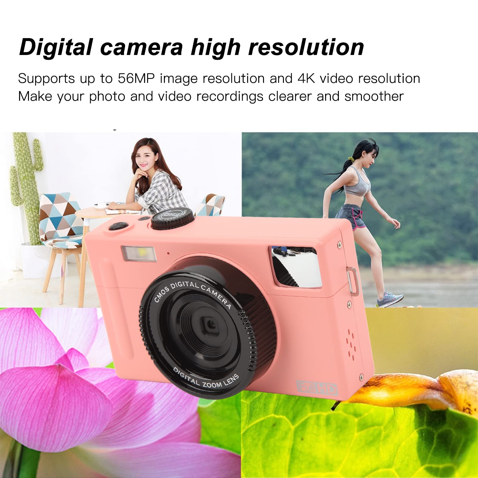 56MP Vlogging Camera, 4K Digital Camera for Photography and Video Pocket Camera with 3.0inch IPS Screen, Dual Screen Camera for Adult Seniors Students Kids Beginner (Pink)