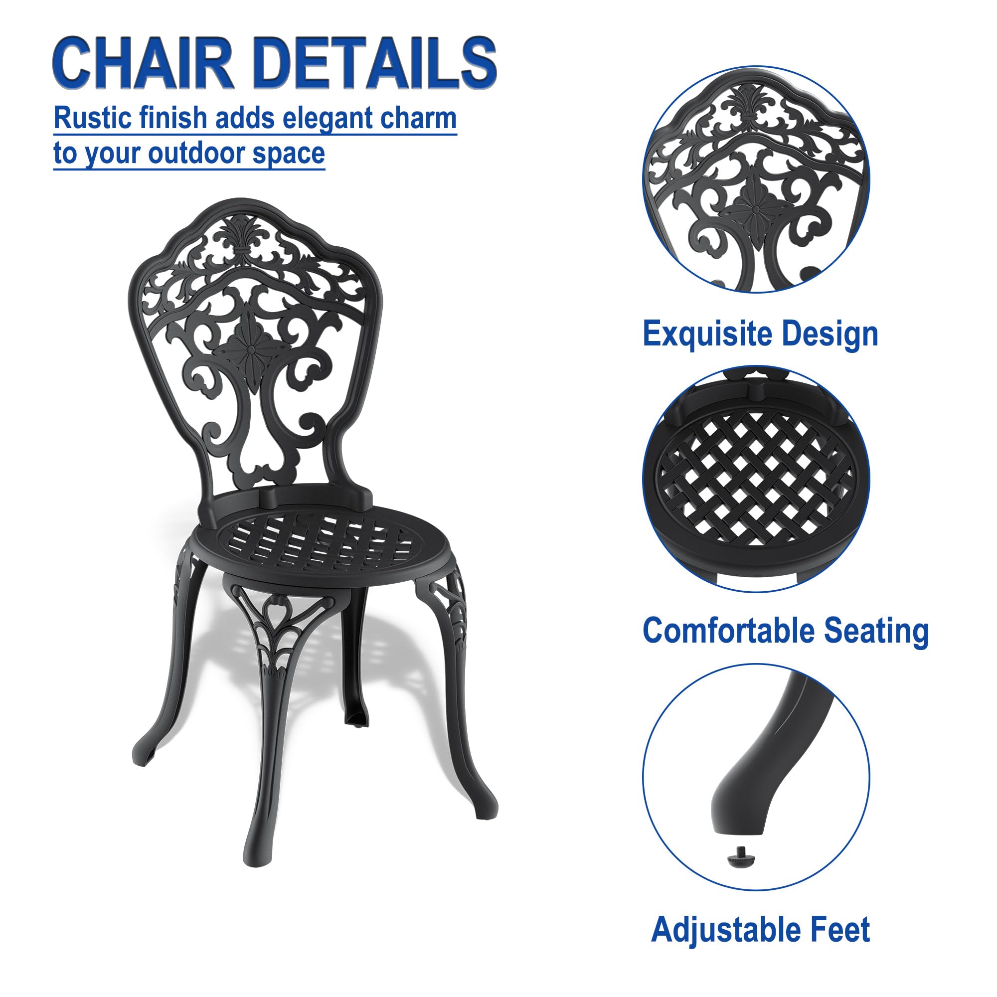 3-Piece Cast Aluminum Patio Bistro Sets Patio Table and Chairs Set of 2 with Umbrella Hole for Yard, Balcony, Lawn, Garden, Backyard