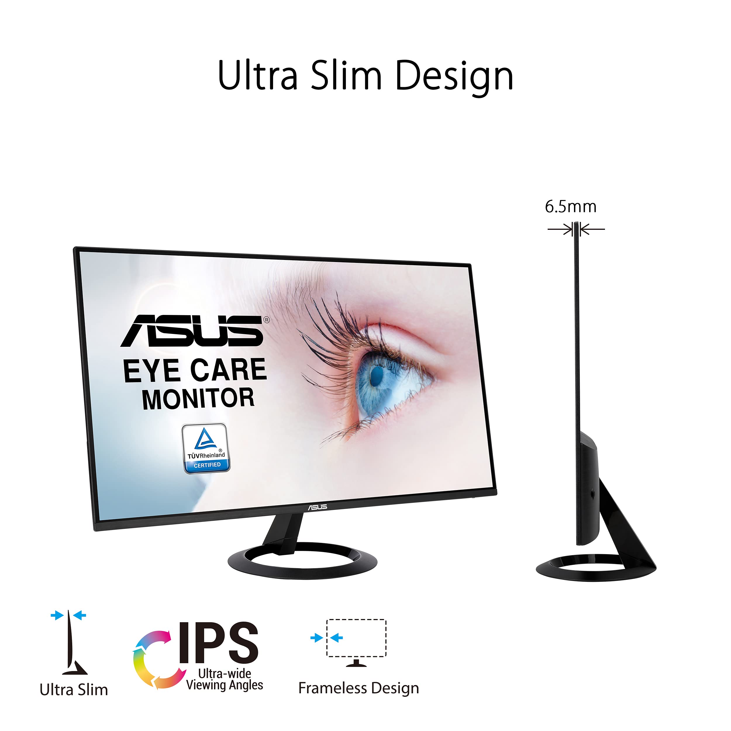 ASUS 27” 1080P Monitor (VZ27EHE) - Full HD, IPS, 75Hz, 1ms, Adaptive-Sync/FreeSync, Low Blue Light, Flicker Free, Ultra-Slim, VESA Mountable, Frameless, HDMI, VGA (Renewed)