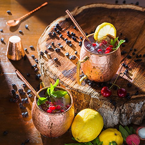 Copper-Bar Moscow Mule Copper Mugs - Set of 2-100% HANDCRAFTED Pure Solid Copper Mugs - 16 Oz, Gift Set + Cocktail Copper Straws, Copper Shot Glass & Copper Stirrer
