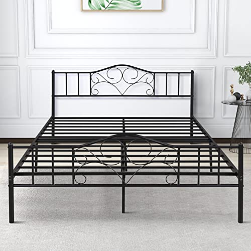 Airdown Queen Metal Bed Frame, Queen Size Platform Bed Frame with Vintage Headboard and Footboard, Mattress Foundation with Steel Slat Support, No Box Spring Needed, Easy Assembly, Black